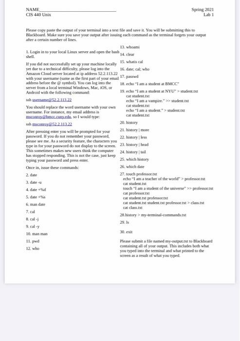 Solved NAME CIS 440 Unix Spring 2021 Lab Please copy paste | Chegg.com
