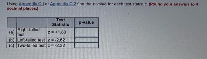 Solved Using Appendix C-1 or Appendix C−2 find the p-value | Chegg.com