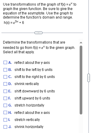 Solved Use transformations of the graph of f(0)=ex ﻿tograph | Chegg.com