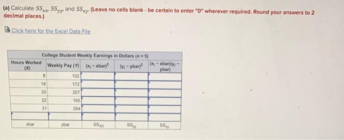 Solved (a) Calculate SSxx SSyyn and SS xy (Leave no cells | Chegg.com