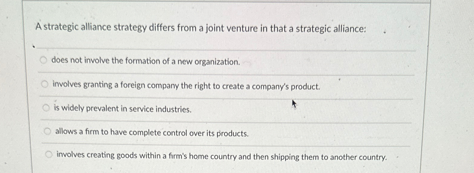 Solved A strategic alliance strategy differs from a joint | Chegg.com