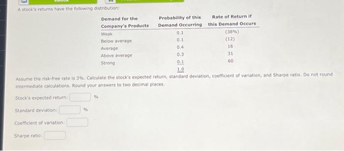 Solved A stock's returns have the following distribution: | Chegg.com