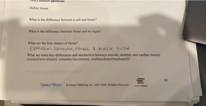 Solved Define tissue. What is the difference between a cell | Chegg.com