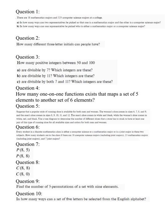 Solved Question 1: There are 18 mathematics majors and 325 | Chegg.com