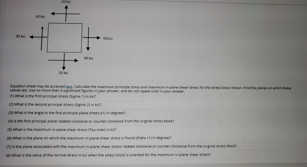 Solved 30 ksi 40 ksi 90 ksi 90 ksi 40 ksi 30 ksi Equation | Chegg.com