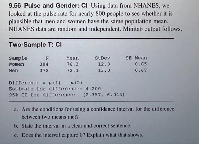 Solved 9.56 Pulse and Gender: CI Using data from NHANES, we | Chegg.com