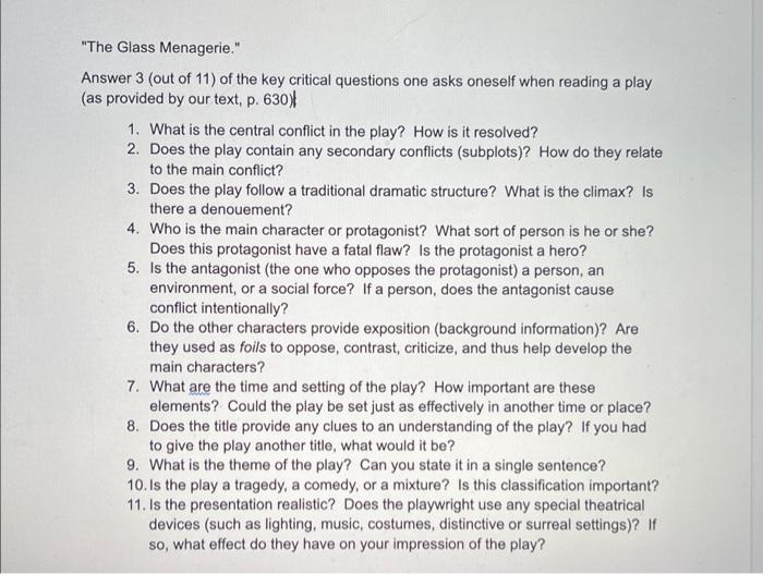 "The Glass Menagerie." Answer 3 (out of 11) of the | Chegg.com
