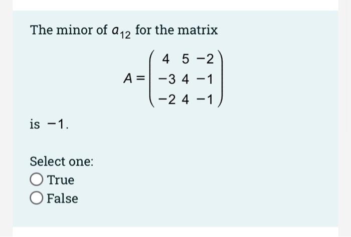 Solved The minor of Q12 for the matrix 4 5-2 A = -3 4-1 - 2 | Chegg.com