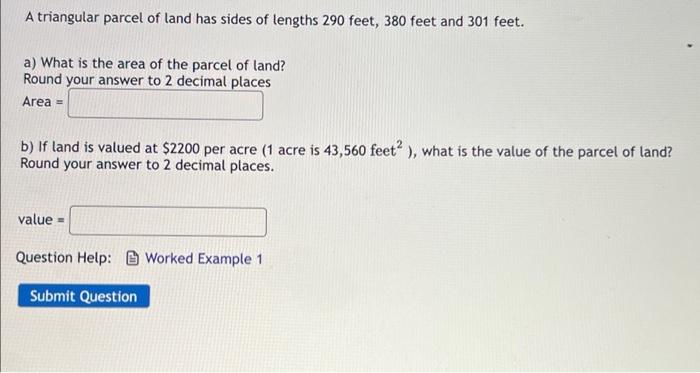 Solved A triangular parcel of land has sides of lengths 290 | Chegg.com