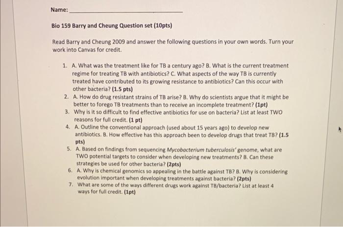 Bio 159 Barry and Cheung Question set (10pts) Read | Chegg.com