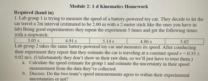 Solved Module 2: 1-d Kinematics Homework Required (hand in) | Chegg.com
