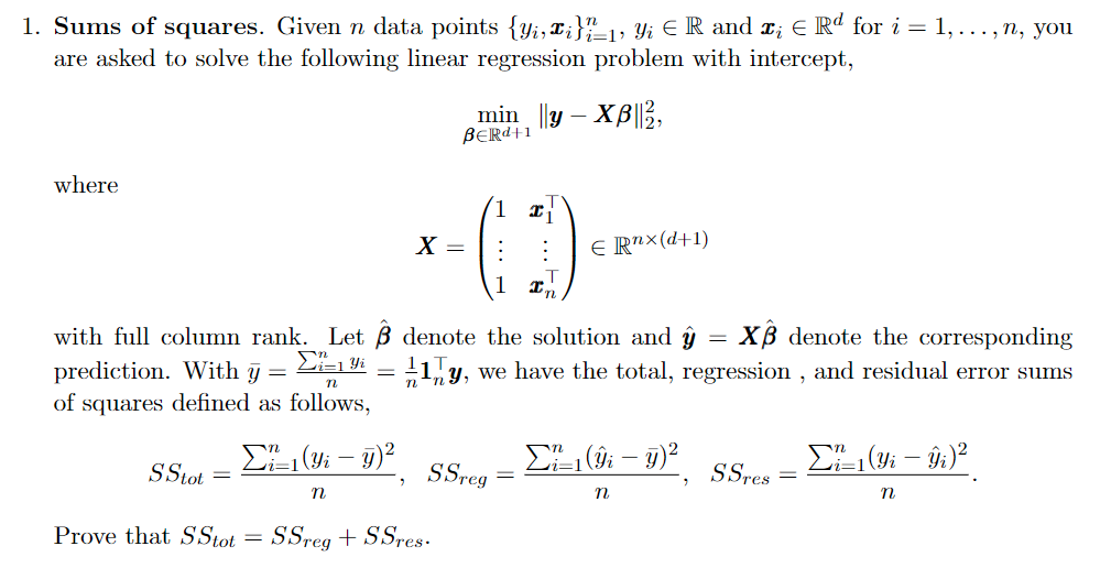 Solved Sums of squares. Given n ﻿data points | Chegg.com
