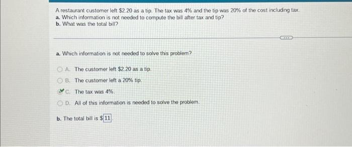 Solved A restaurant customer left $2.20 as a tip. The tax | Chegg.com