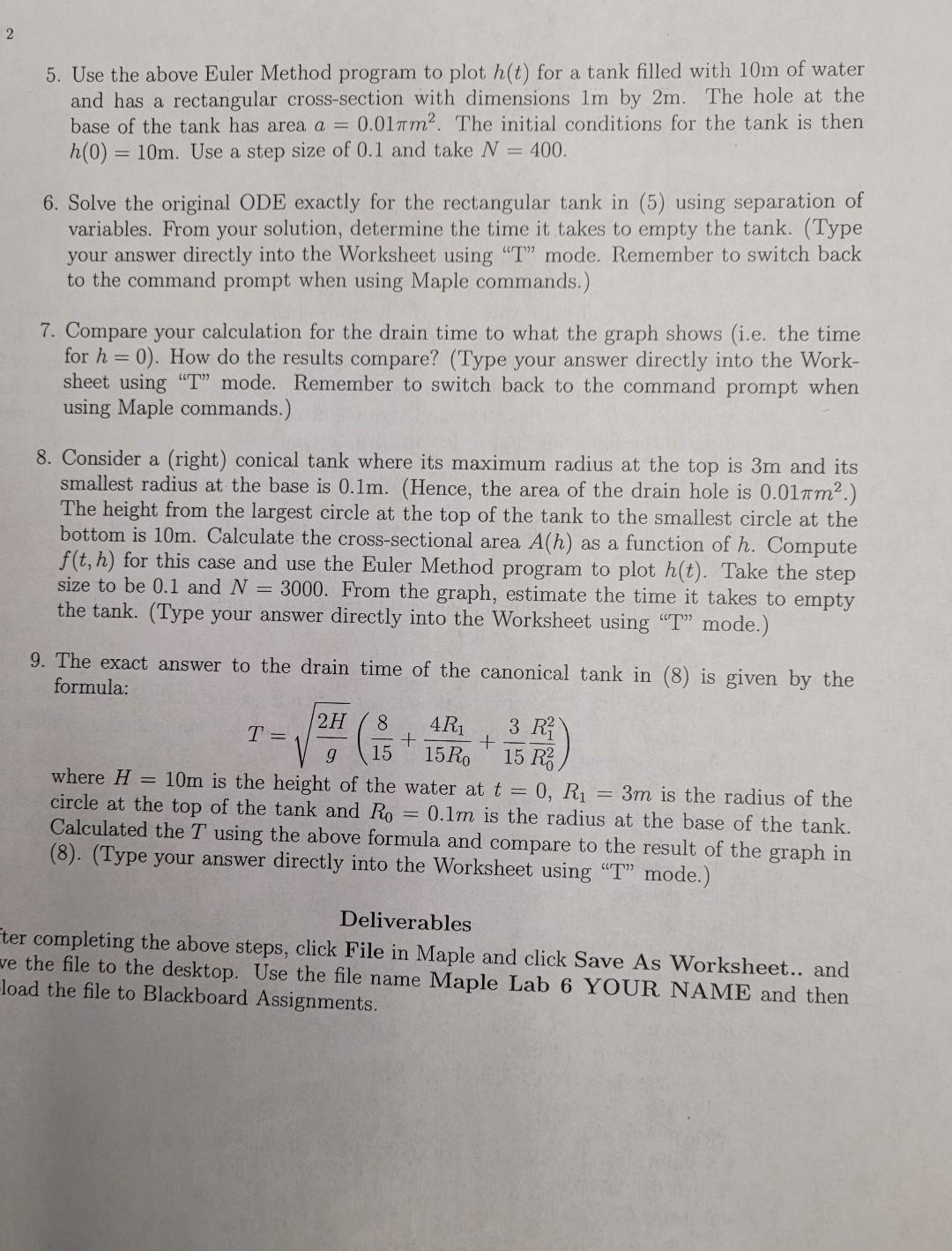 Solved MA 451 Maple Lab 6 Torricelli's Law of Fluid Flow | Chegg.com