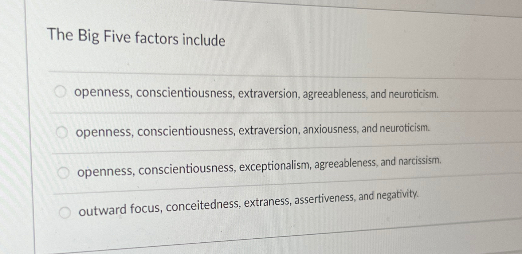 Solved The Big Five factors includeopenness, | Chegg.com