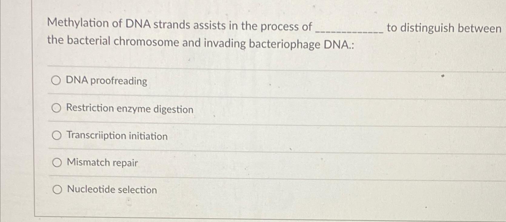 Solved Methylation of DNA strands assists in the process of | Chegg.com