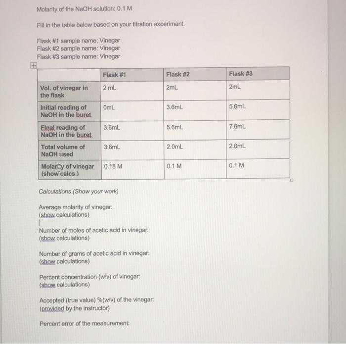 Solved Molarity of the NaOH solution: 0.1 M Fill in the | Chegg.com