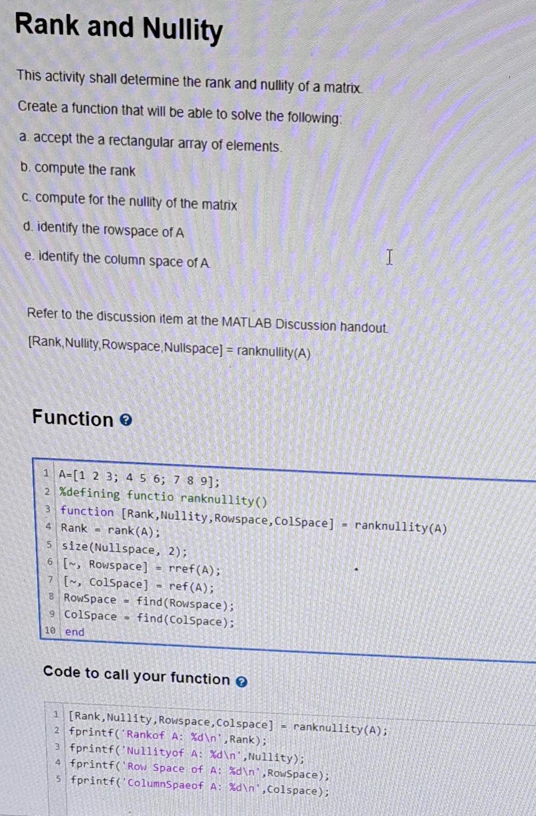 Solved Rank and Nullity This activity shall determine the | Chegg.com