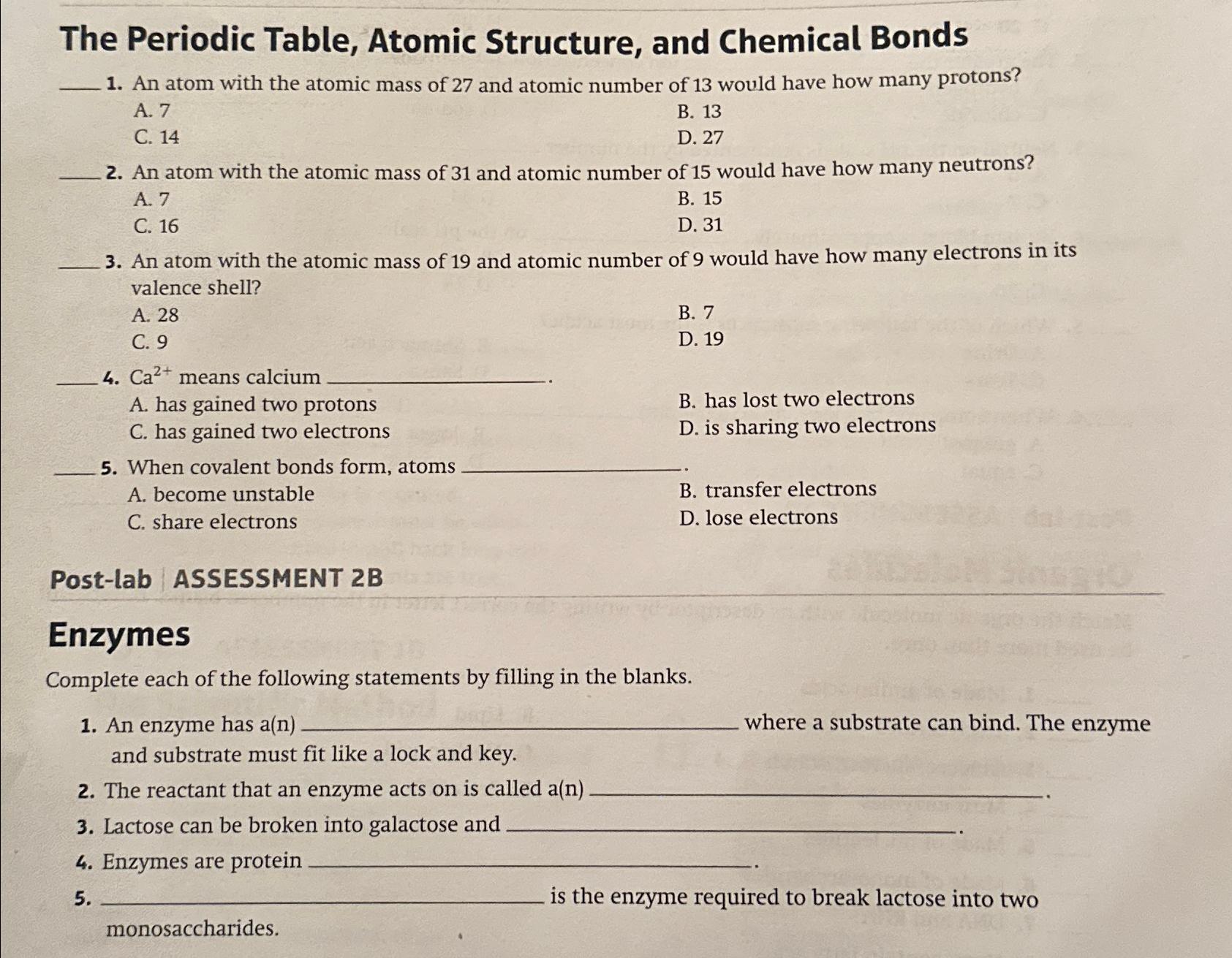 Solved The Periodic Table, Atomic Structure, and Chemical | Chegg.com