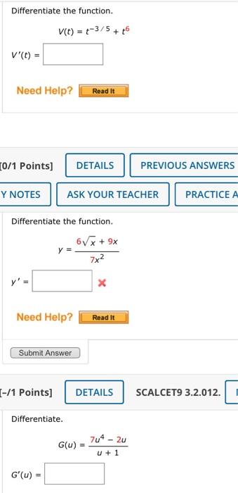 Solved Differentiate the function. V(t)=t−3/5+t6 V′(t)= [0/1 | Chegg.com