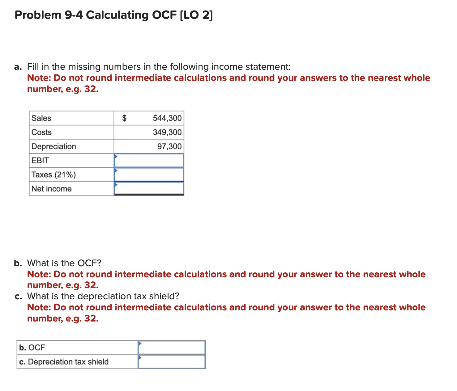 Problem 9-4 ﻿Calculating OCF [LO 2 2]a. ﻿Fill in the | Chegg.com