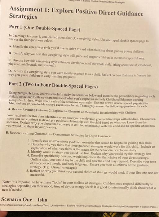 Assignment 1: Explore Positive Direct Guidance | Chegg.com