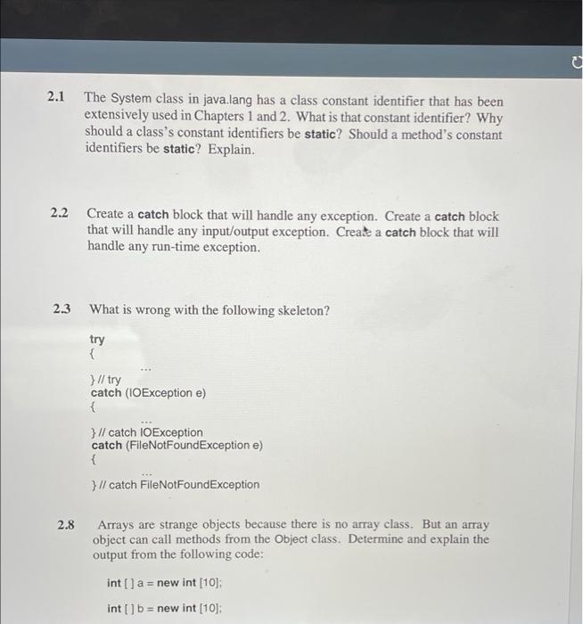Solved a 2.1 The System class in java.lang has a class | Chegg.com
