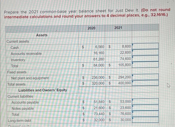 Solved Prepare the 2021 common-base year balance sheet for | Chegg.com