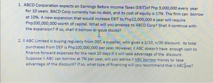 Solved 1. ABCD Corporation expects an Earnings Before Income | Chegg.com