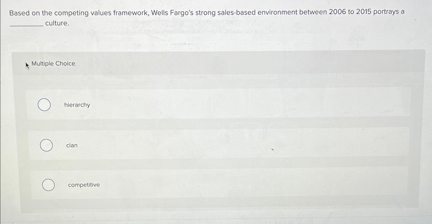 Solved Based on the competing values framework, Wells | Chegg.com