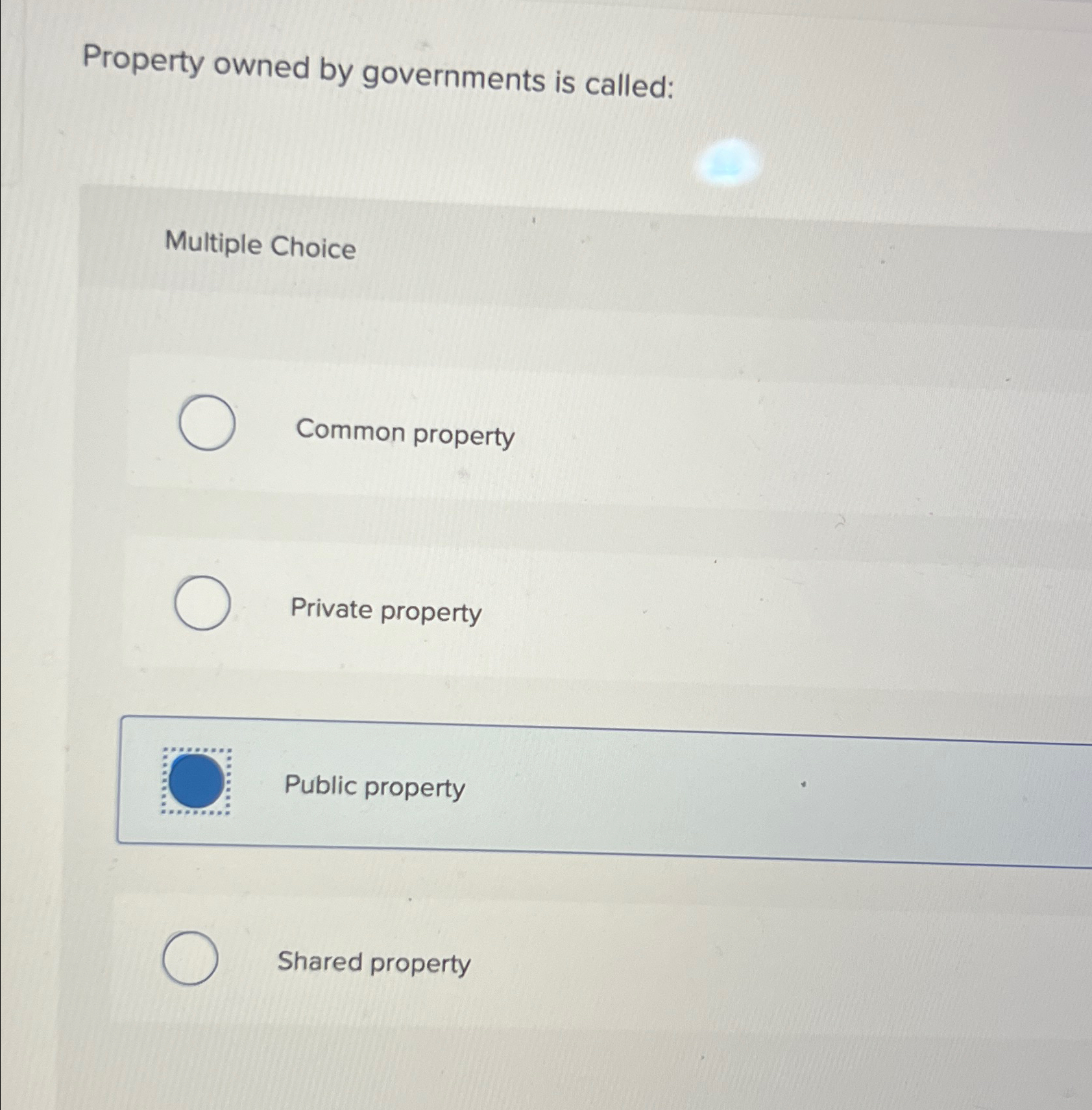 Solved Property owned by governments is called:Multiple | Chegg.com