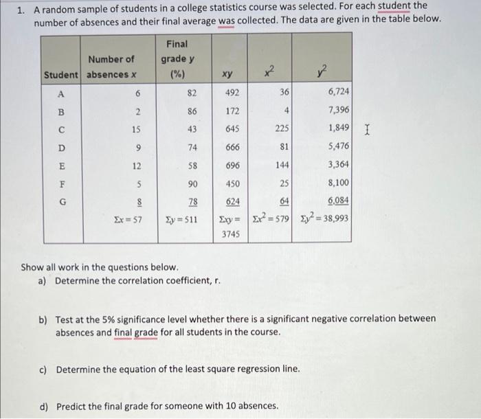 Solved a 1. A random sample of students in a college | Chegg.com