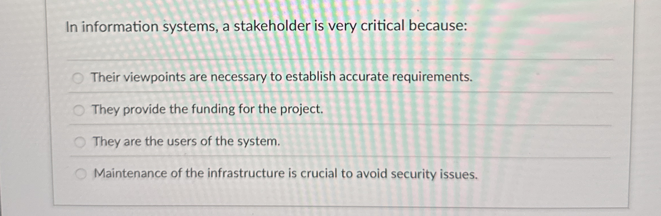 Solved In information systems, a stakeholder is very | Chegg.com