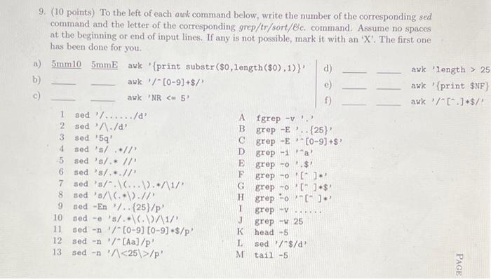 Solved 9. (10 points) To the left of each awk command below, | Chegg.com