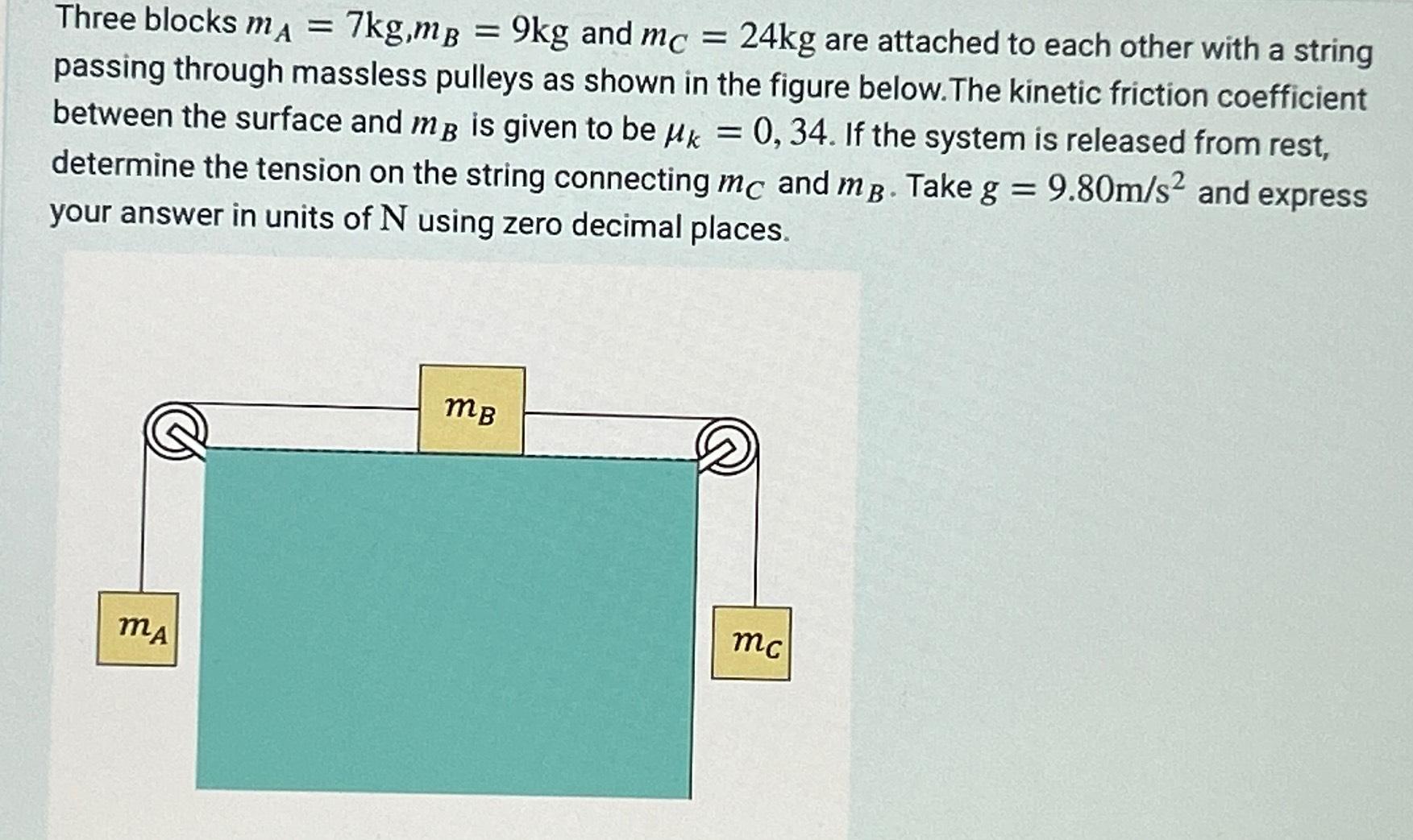 Solved Three blocks mA=7kg,mB=9kg ﻿and mC=24kg ﻿are attached | Chegg.com