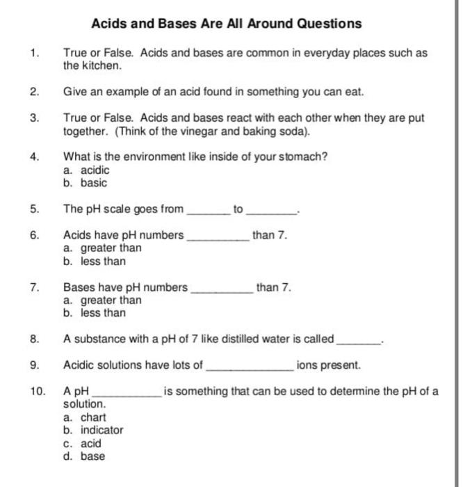 Solved Acids and Bases Are All Around Questions 1. True or | Chegg.com