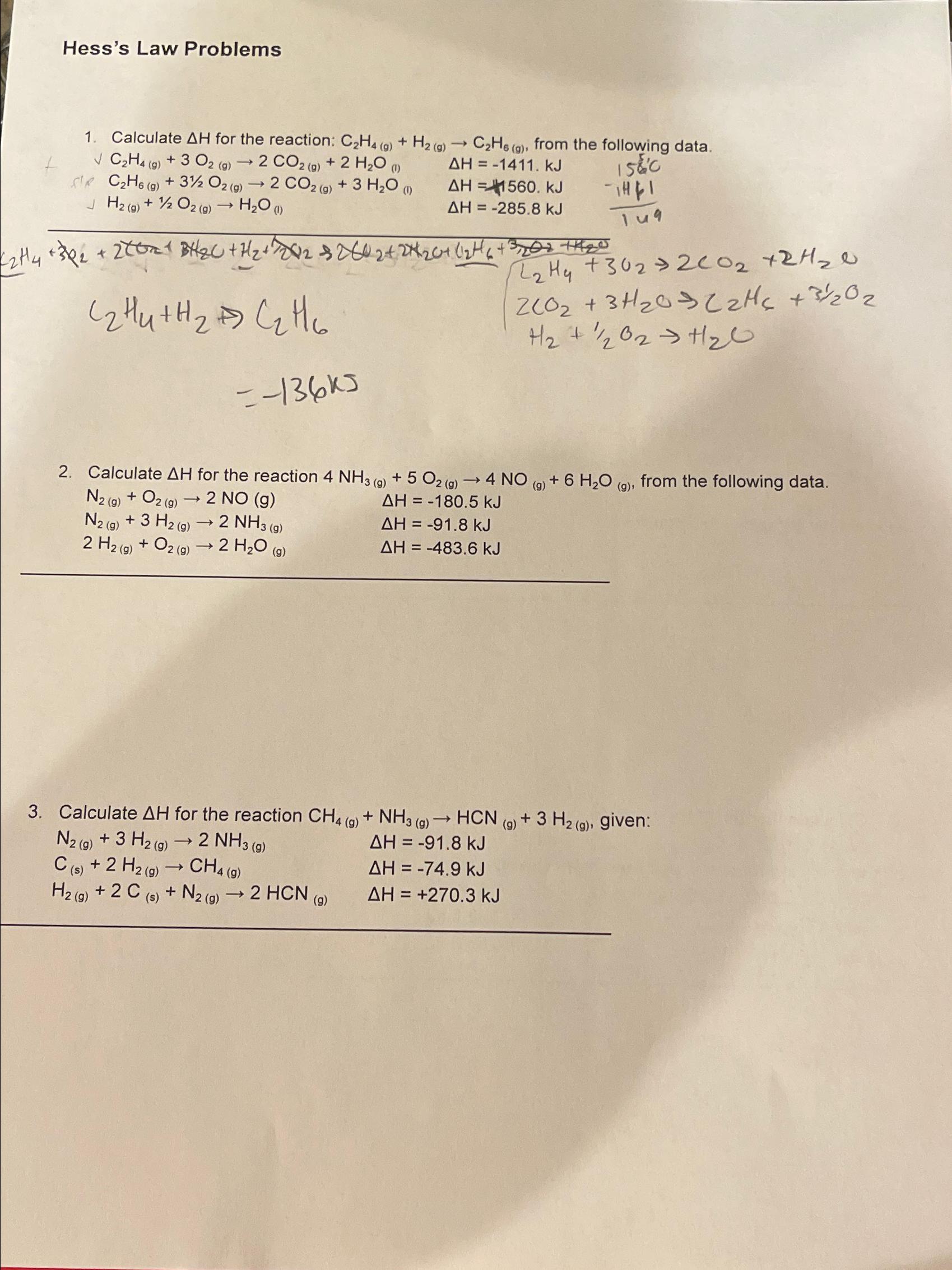 Solved Hess's Law ProblemsCalculate ΔH ﻿for the reaction: | Chegg.com