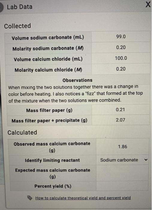 Solved Lab Data Х Collected Volume sodium carbonate (mL) | Chegg.com