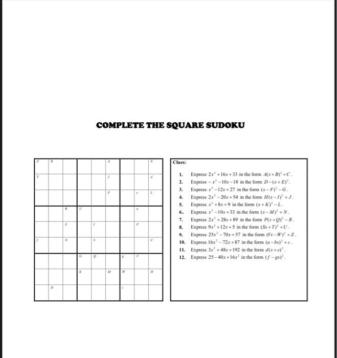 Solved D N 2 G K COMPLETE THE SQUARE SUDOKU Clues: 1. 2. 3. | Chegg.com