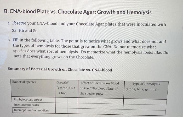 Solved B.CNA-blood Plate vs. Chocolate Agar: Growth and | Chegg.com