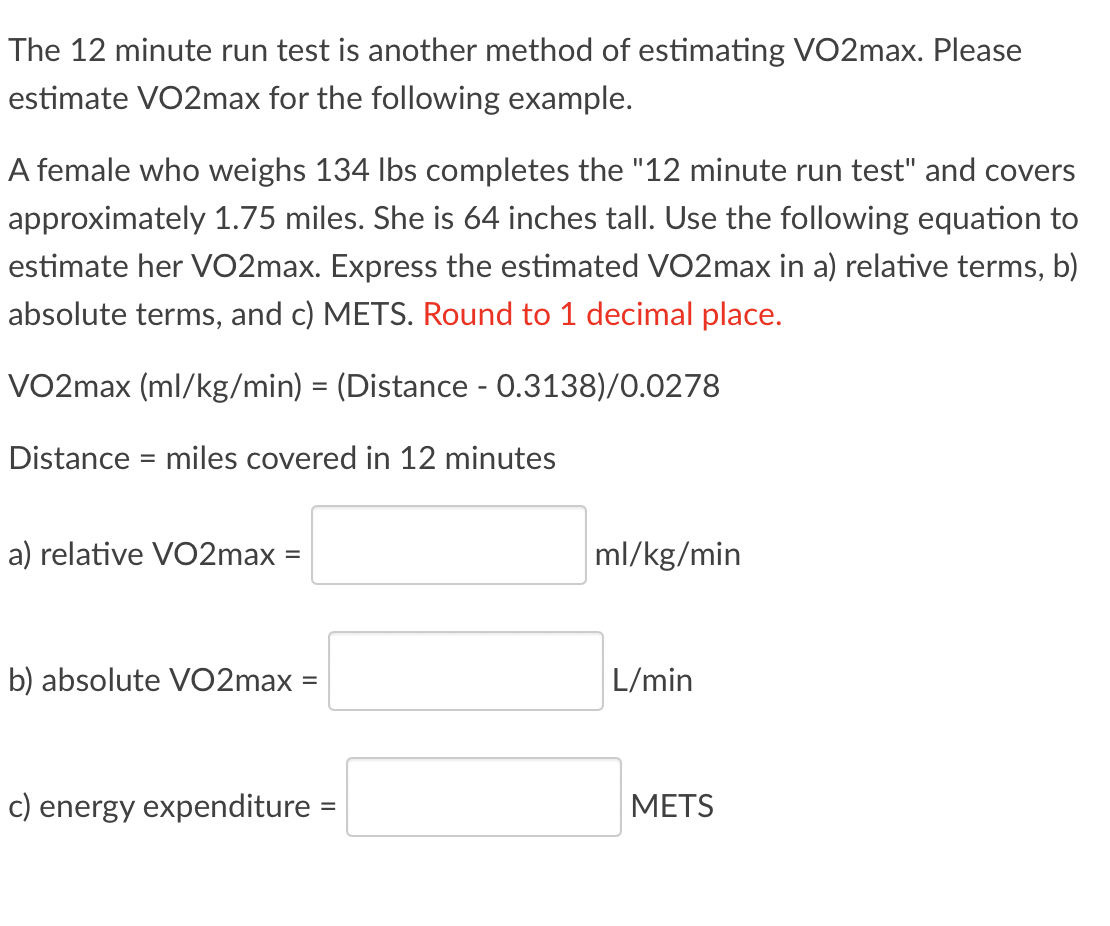 Find relative VO2 ﻿max, absolute VO2 ﻿max and energy | Chegg.com