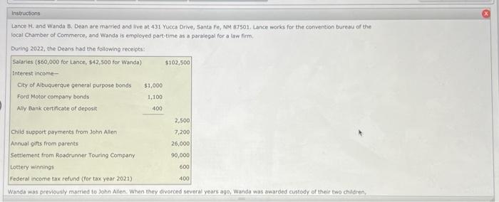 Solved Lance H. and Wanda B. Dean are married and live at | Chegg.com