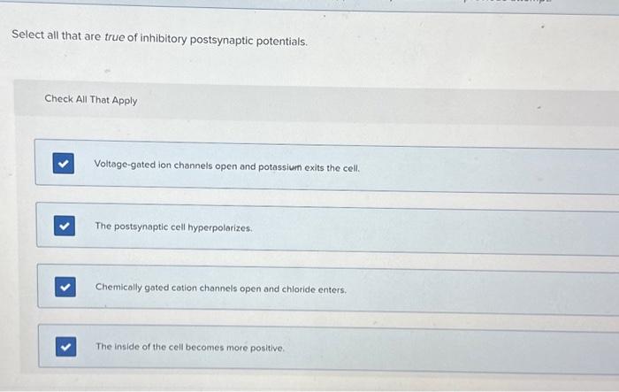 Solved Select all that are true of inhibitory postsynaptic | Chegg.com