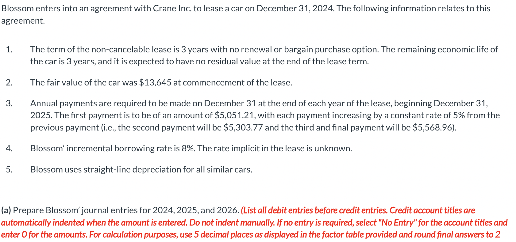 Solved Blossom enters into an agreement with Crane Inc. to | Chegg.com