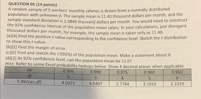 Solved QUESTION 05 (14 points) A random sample of 5 workers' | Chegg.com Solved QUESTION 05 (14 points) A random sample of 5 workers' | Chegg.com