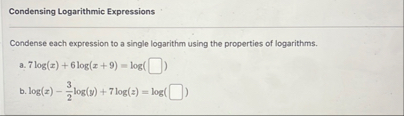 Solved Condensing Logarithmic ExpressionsCondense each | Chegg.com