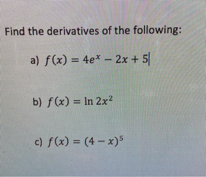 Solved Find the derivatives of the following: a) f(x) = 4e* | Chegg.com