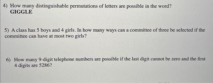 Solved 4) How many distinguishable permutations of letters | Chegg.com