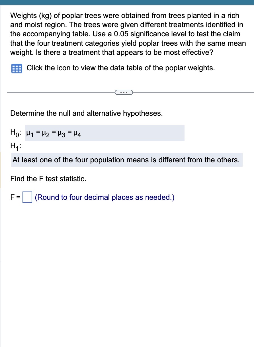 Weights (kg) ﻿of poplar trees were obtained from | Chegg.com