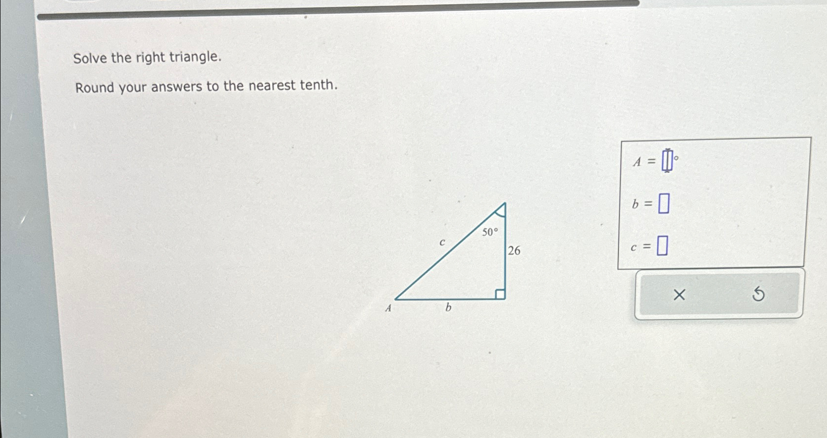 Solved Solve the right triangle.Round your answers to the | Chegg.com
